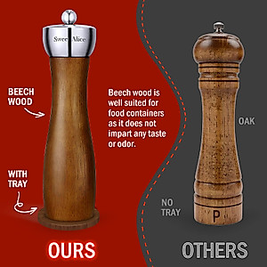 Salt and Pepper Grinders Refillable ​Set, Beech Wood Pepper Mill with Ceramic Mechanism, Solid and Durable Salt Grinders Suited for Sea Salt, Black Peppercorn (6'', Brown Set of 2)