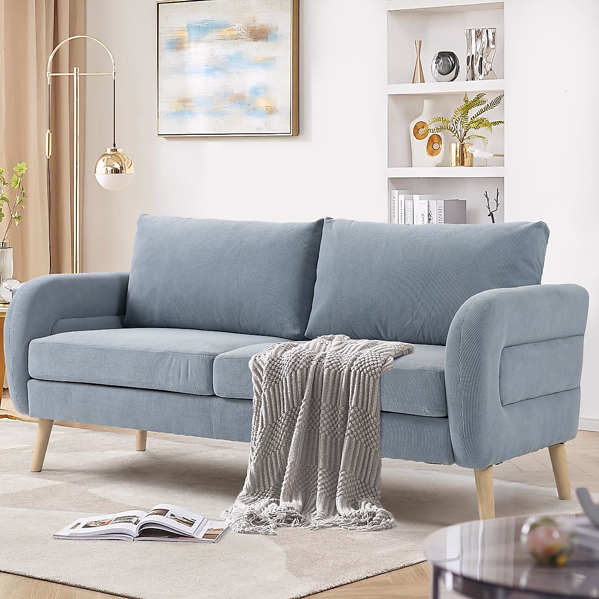 HXZDZ 63" Loveseat Sofa, Comfy Corduroy Couch, Sofa Couch with Solid Wood, Modern Couch with Deep Seat, Small Loveseat for Living Room, Office Couch for Small Spaces,Light Grey