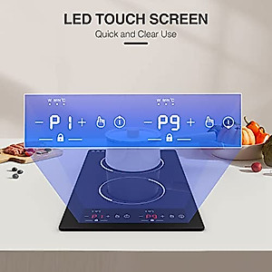 Double Induction Cooktop 2 Burners 12 inch Portable Countertop Burner and Built-in Cooktops 110v,with Sensor Touch Black Crystal LED Screen,9 Power Levels, Child Lock,120 Mins Timer