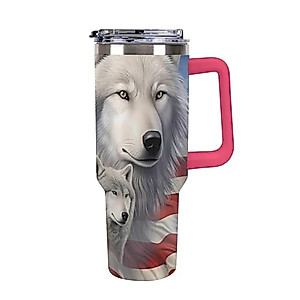 Patriotic Wolves 40 Oz Stainless Steel Cup Travel Tumbler with Handle and Straw Lightweight Coffee Mug for Home Office