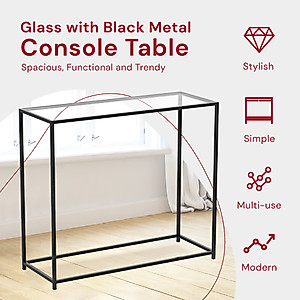 Safdie & Co. - Metal Console Table with Glass, Black Console Tables for Entryway, Use As Doorway Table, Narrow Bar Table, or Accent Furniture for Decorating Foyer, 12 x 28 x 31 Inches