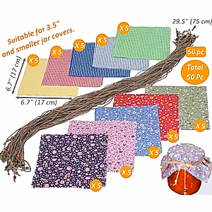 50 Pieces% 100 Cotton Flowered and Checkered Mix Pattern Fabric Jar Cover Cloth- 6.7'' Jar Cover Cloth With 50 Pieces Beaded Jute Rope