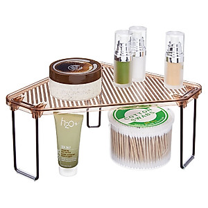 mDesign Plastic/Steel Corner Stackable Rack, Storage Organizer Shelf for Bathroom, Vanity, Countertop, Sink, Cabinet, Holds Makeup, Shower Accessories, Ligne Collection - 2 Pack - Bronze/Amber