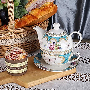 fanquare English Porcelain Tea for One Set, Floral Teapot with Cup, Blue Tea Cup and Saucer Set