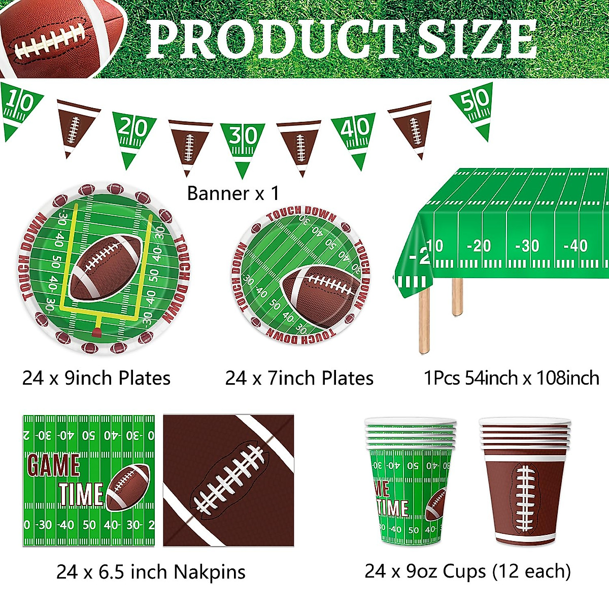 Football Party Supplies Tableware Set Football Theme Party Decorations Including Plates Napkins Cups Touchdown Tablecloth Banner for Football Birthday Party, Serve 24 Guests