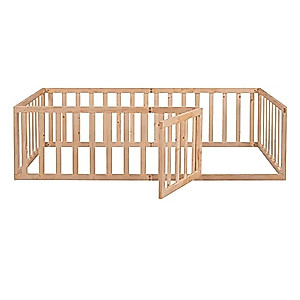 LZ LEISURE ZONE Twin Size Platform Bed with Fence, Solid Wood Floor Bed Frame with Door, Twin Size Daybed Fram, Natural