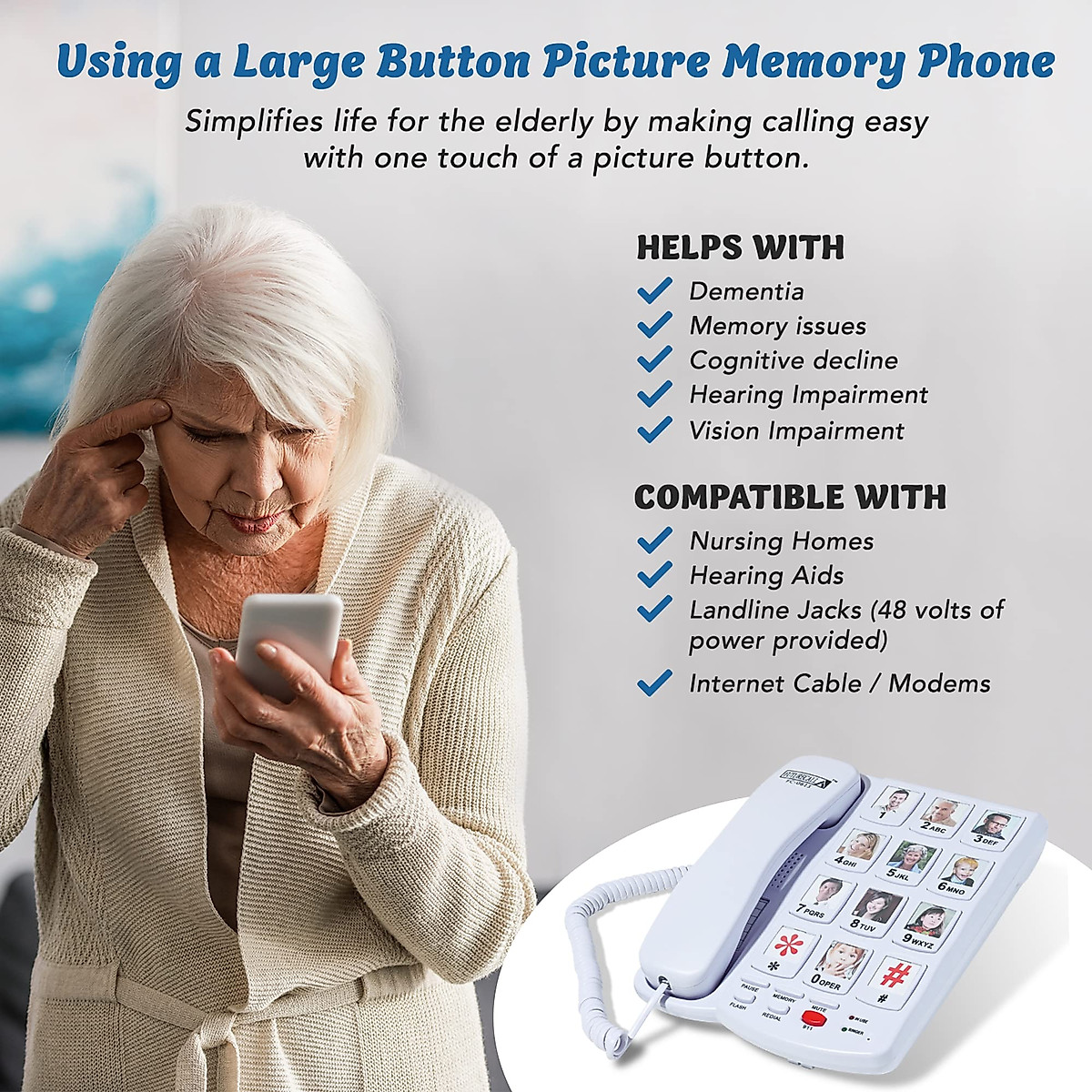 Future Call FC-0613 Best Landline Phones for Seniors, Landline Phone for Hearing Impaired Seniors, Dementia Products for Elderly, Alzheimers Products, Big Button Telephone for Seniors, 10 Picture Keys