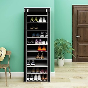 GREEF 10-Tier Large Shoe Rack with Dustproof Non Woven Fabric Cover Closet Shoe Storage Organizer Cabinet Shoe Tower for Entryway Bedroom Dorm Room Closet (Black)