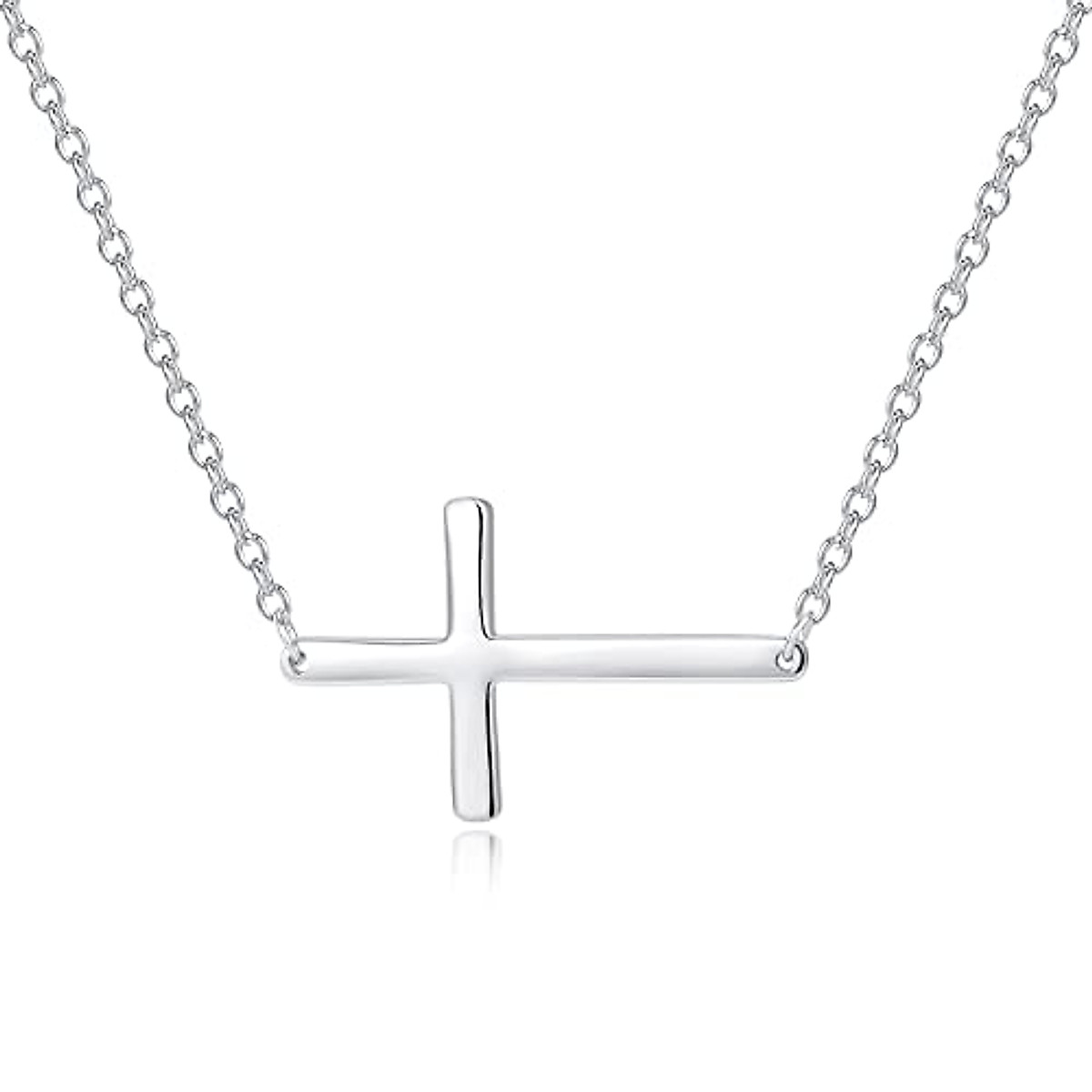 LANE WOODS Christmas Gifts 18K Real White Gold(3-5mls) Plated 925 Sterling Silver Sideways Cross Necklace for Women