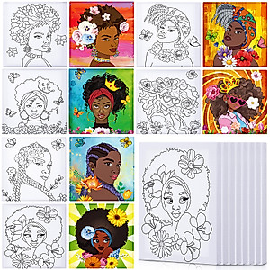 Meanpla 12 Pcs Back to School Pre Drawn Outline Canvas 4'' x 4'' Pre Drawn Stretched Canvas Painting Boards for Painting Art Party Favor for Student Kids First Day of School (African Queen Style)