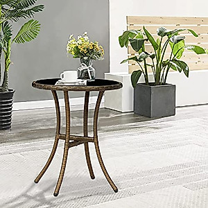 Patio PE Rattan Side Table, Outdoor Round Wicker Covered Edge with Tempered Glass Top, Rattan Iron Frame Table Coffee Dining Table for Lawn, Garden, Pool(Brown)