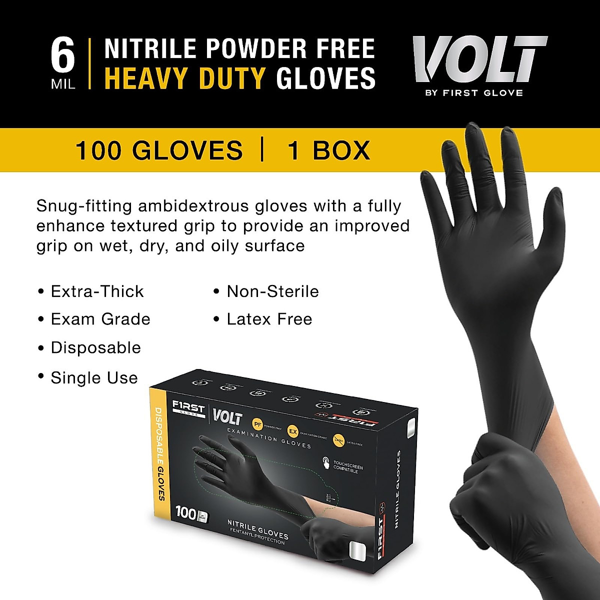 FIRST GLOVE Volt 2X-Large 900 Ct. 6 Mil Black Nitrile Disposable Gloves - Food Safe Disposable Gloves, Disposable Cleaning Gloves, Micro Textured Gloves for Enhanced Grip, Latex Free Gloves