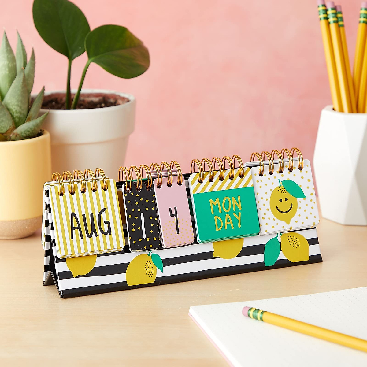 Paper Junkie Lemon Perpetual Flip Calendar for Office Desktop, Classroom Supplies, Desk Calendar with Day, Date, and Month Display for Planning, Home, Kitchen Decor (8 x 3.5 Inches)