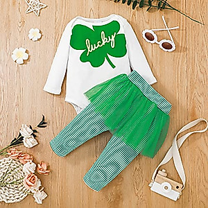 1st St. Patrick's Day Outfit Newborn Infant Baby Girl Long Sleeve Lucky Clover Romper Bodysuit Green Tutu Pants Set (Green A, 9-12 Months)