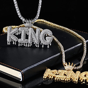 Waterdorp 18K Gold Plated Letter Chain DIY Full CZ Bubble Letter Necklace for Men Women Personalized Customized Name 2-7 Pcs Bling Initial Pendant with Crown, with Rope Chain or Tennis Chain Memorable Novelty Gifts