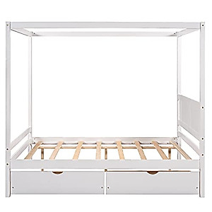 MOEO Full Size Canopy Platform Bed with 2 Drawers, Slat Support Leg, Wood Bedfram w/Guardrail for Kids, Adults, No Spring Box Required, White