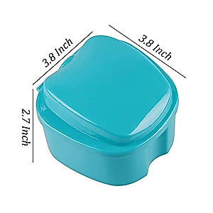 OBTANIM 2 Pack Denture Bath Cup Case Box Holder Storage Soak Container with Strainer Basket for RetainersTravel False Teeth Cleaning (White, Blue)