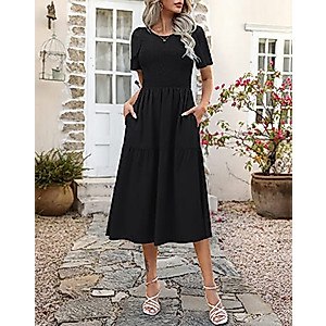 Ellakoko Summer Dresses for Women 2023 Casual Short Sleeve Modest A Line Crew Neck Ruffle Tiered Smocked Midi Black Dress Solid Black M