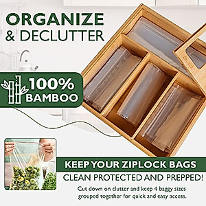 Ziplock Bag Storage Organizer for Kitchen Drawer - Bamboo Zip Lock Plastic Baggy Dispenser - Magnetic Sliding Lid for Easy Refill - Ziplock Bag Organizer Fits Gallon, Quart, Sandwich, Snack Baggies
