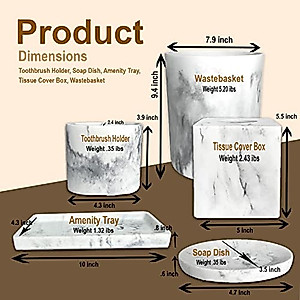 8 PCS White Marble Resin Bathroom Accessory Set, Modern Marble Bathroom Set - Bathroom Soap Dispenser and Toothbrush Holder Set, Tumbler, Soap Dish, Cotton Jar, Amenity Tray, Tissue Box & Waste Basket