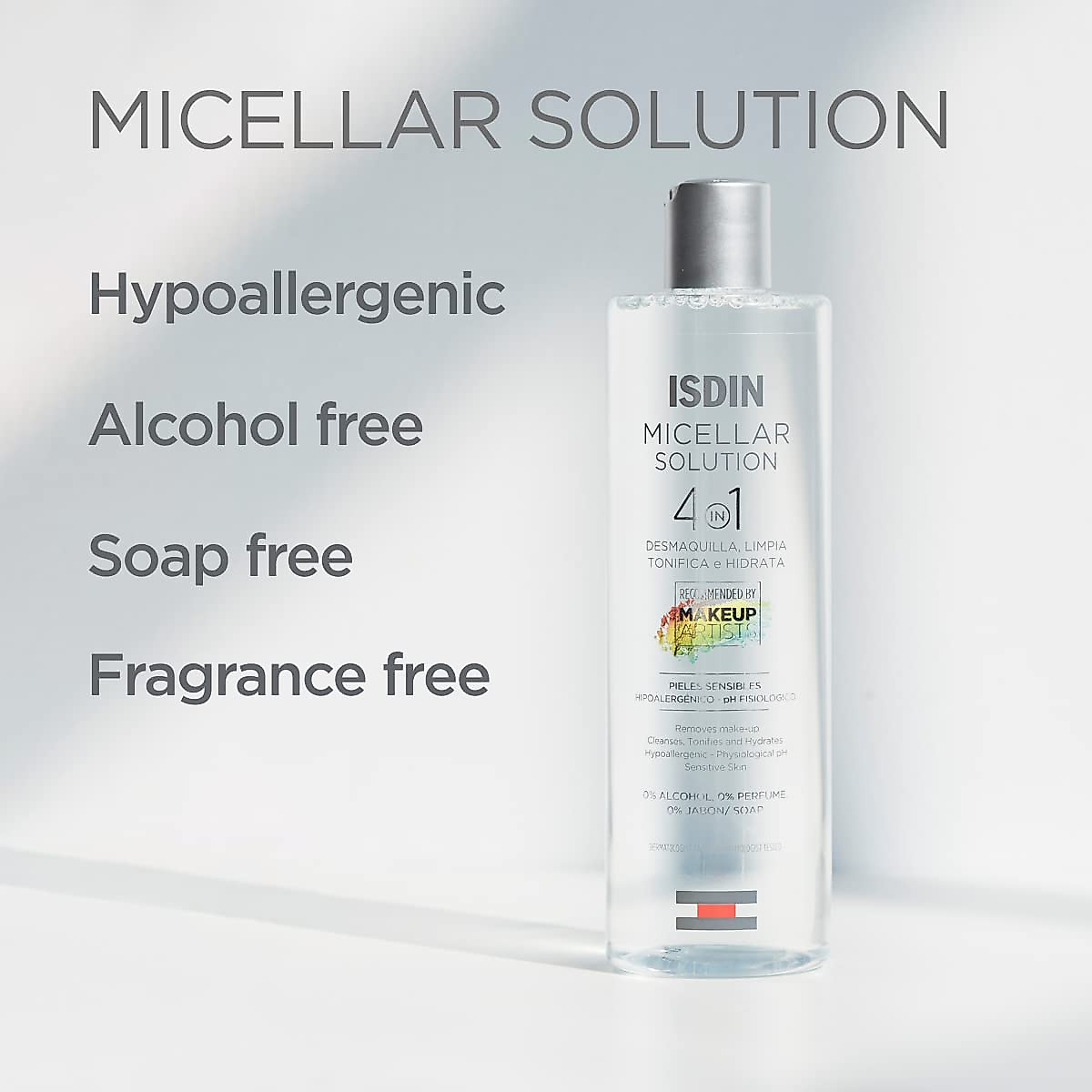 ISDIN Micellar Solution, 4 in 1 Makeup Remover, Cleanser, Hydrating Toner - Suitable for Sensitive Skin, 13.5 Fl. Oz