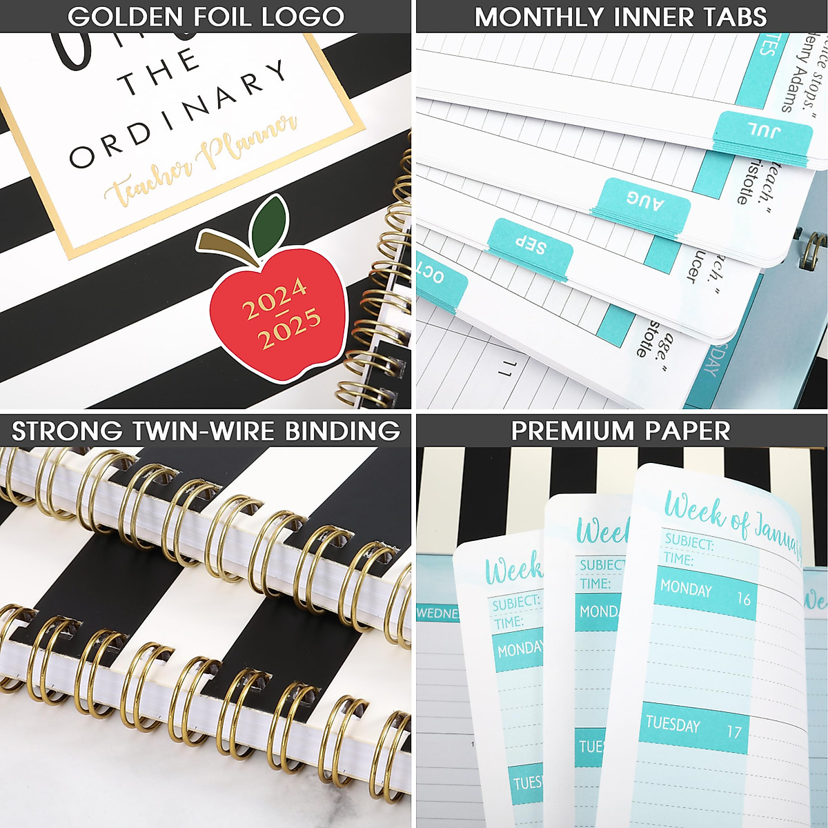 Teacher Planner 2024-2025 - Weekly & Monthly Lesson Plan Book, July 2024 - June 2025, 8" x 10", Academic Planner with Twin-Wire Binding for Teachers - Apple