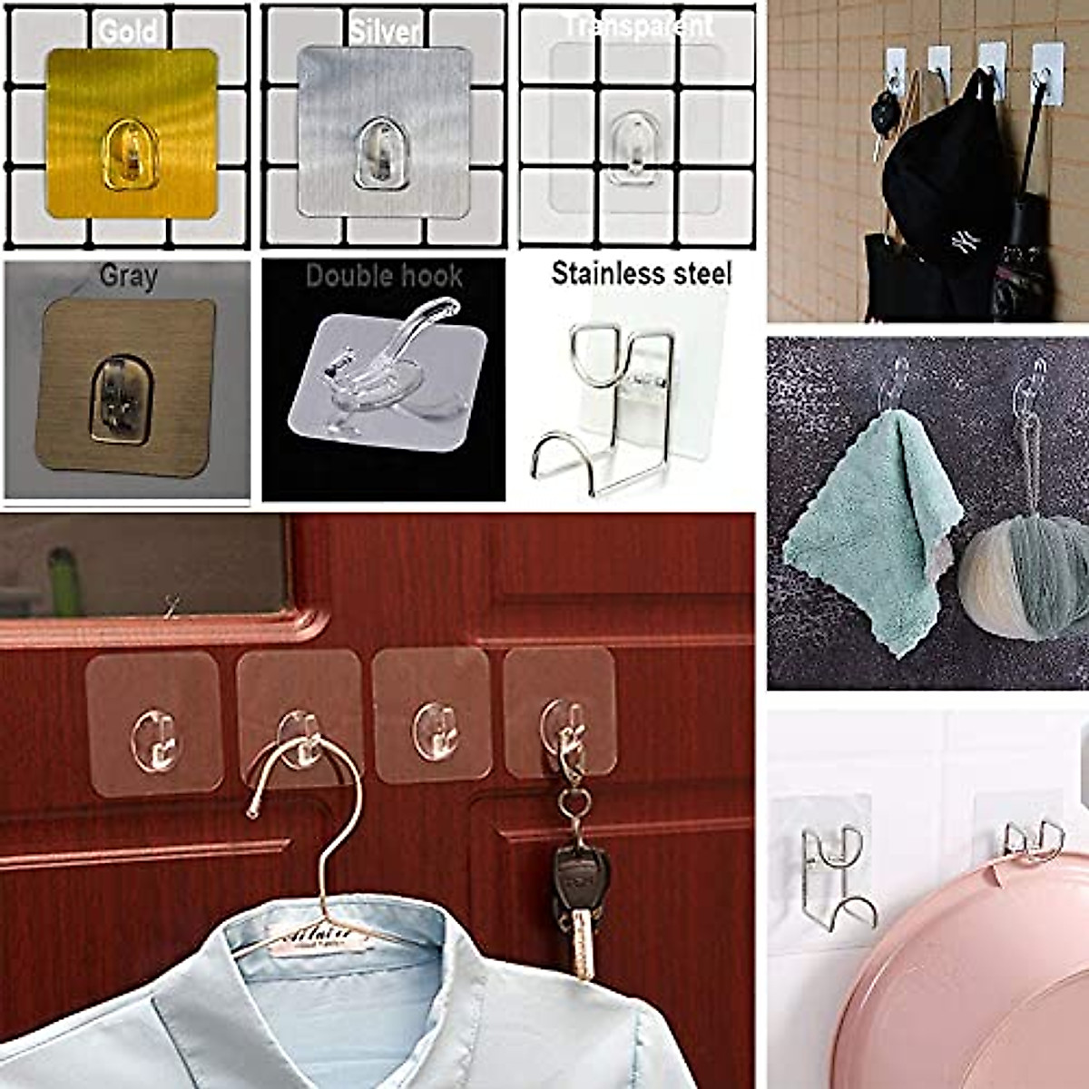 BODINGTAI Wall Hooks, Self Adhesive Hooks, Multicolor Transparent Plastic Reusable Heavy Duty Hook No Trace No Scratch Waterproof and Oilproof for Kitchen Bathroom Storage Room Office.