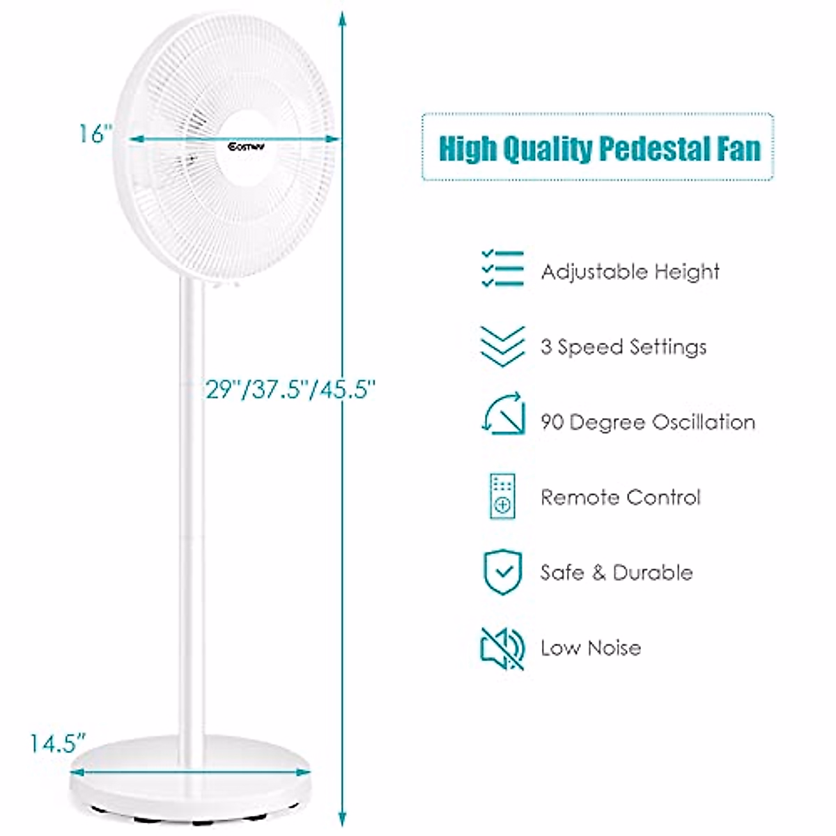 COSTWAY 16-Inch Standing Pedestal Fan, Height Adjustable 90° Oscillating Fan with Remote Control, 3 Wind Speeds & 60° Tilt, Quiet 7-Blade Stand Fan for Bedroom, Living Room, Home, Office, White