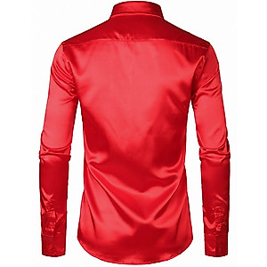 ZEROYAA Men's Luxury Shiny Silk Like Satin Button Up Dress Shirts ZLCL14-Red Medium