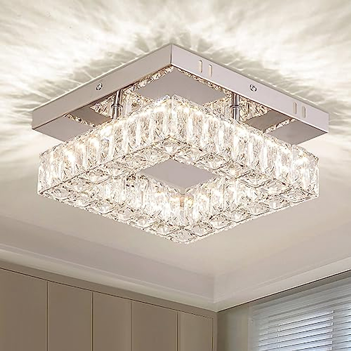 YPQXYHDA 9.8" Modern Crystal Ceiling Light Fixture Mini Square Chandelier Flush Mount Light Fixture Ceiling Lamp for Small Hallway Foyer Entryway Bedroom,3 Colors Adjustable