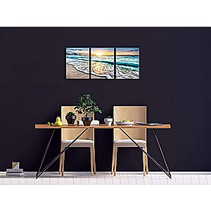 Wieco Art 3 Panel Blue Beach Canvas Wall Art for Home Decor Sunset White Wave Beach Pictures on Canvas Sea View Canvas Prints Artwork for Wall Decor Living Room Decorations