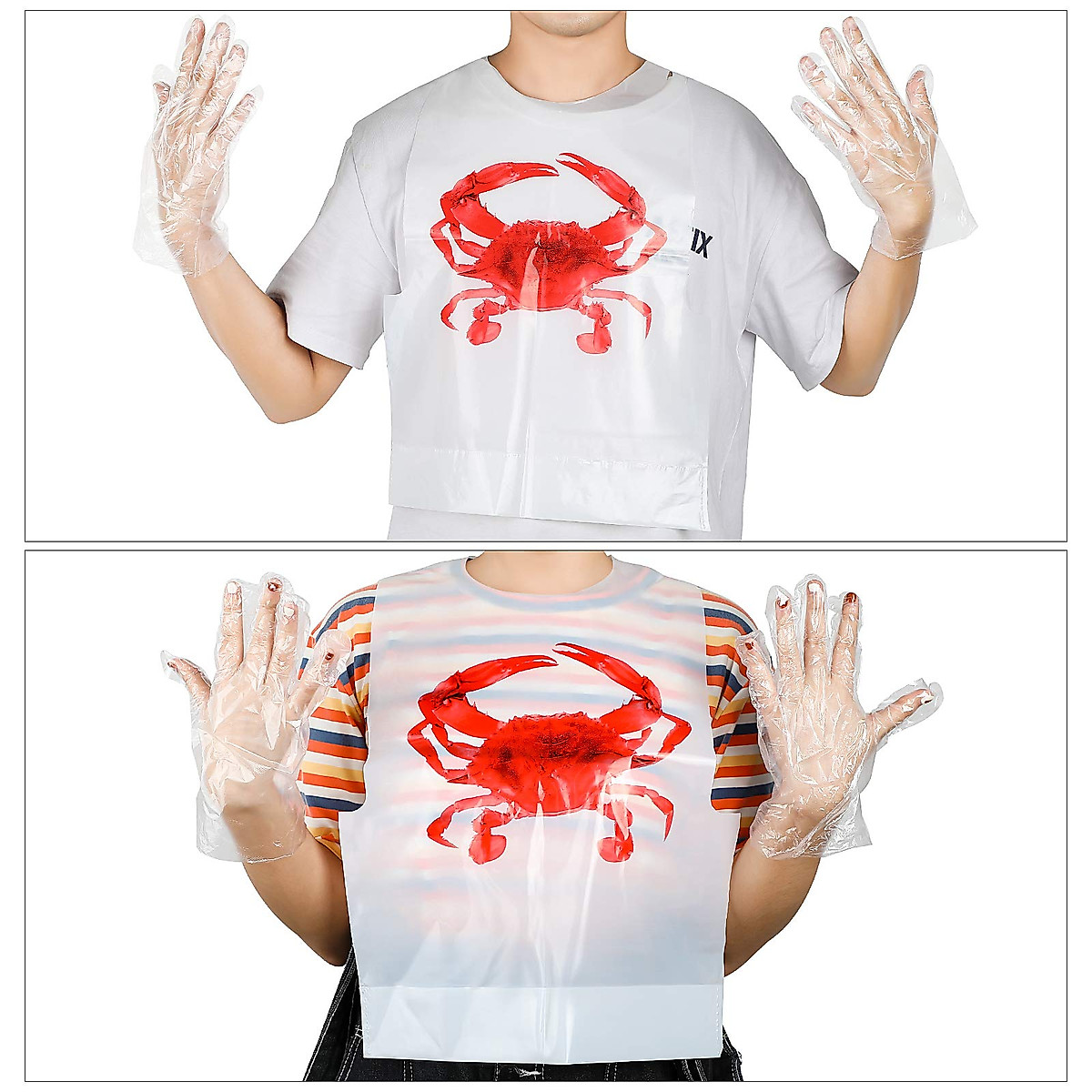 50pcs Crab Lobster Bibs and 50 Pairs of Plastic Disposable Gloves Disposable Adult Crab Feast Bibs for Seafood(Crab Style)