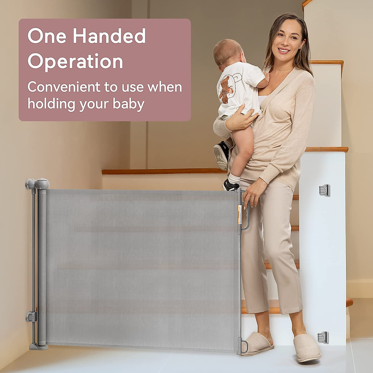 Momcozy Retractable Baby Gate, Alarm Mesh Baby Gate or Mesh Dog Gate, 33 inches high, extends to 55 inches Wide, Child Safety gate for doorways, Stairs, hallways, Indoor/Outdoor.