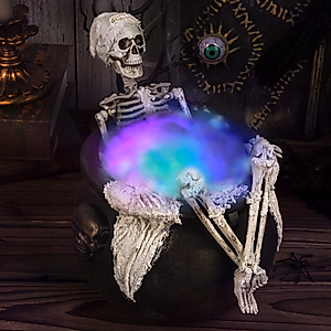 8" Cauldron Halloween Decorations Indoor, Skeleton Bathing Black Plastic Cauldron with LED Lights, Perfect Witch Cauldron Decor for Indoor Halloween Decorations Party & Haunted House Props