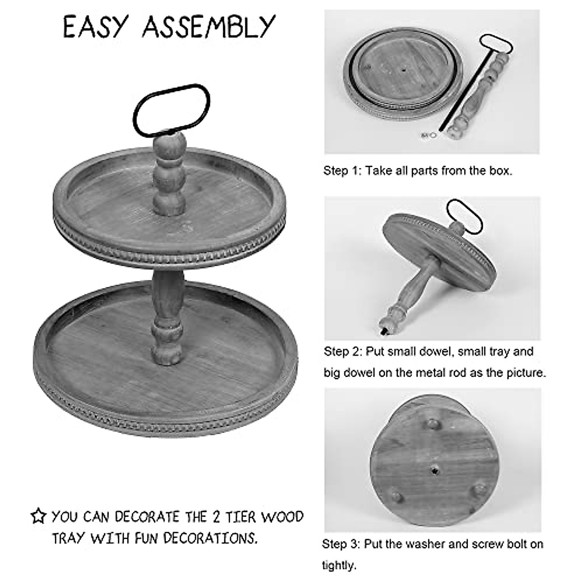 Carah&Cossh Distressed White Wood Two-Tier Tray with Metal Handle, Two Tier Stand with Beads，Farmhouse 2 Tier Serving Tray for Coffee Bar, Kitchen Counter, Dining Room Table(White)