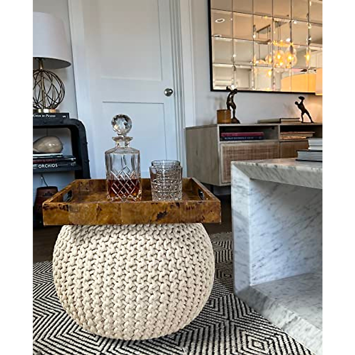 FRELISH DECOR Round Pouf Ottoman Hand Knitted Cotton Poufs Footrest,Foot Stool, Knit Bean Bag Floor Chair for Bed Room Living Room | Accent Seat | Boho Decor | Stuffed Pouffe (20x20x14 Inch, Natural)