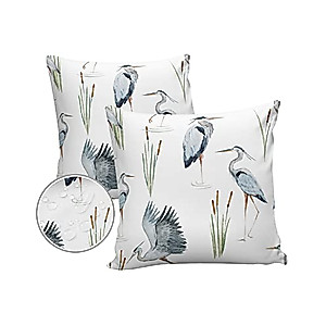 Vandarllin Outdoor Throw Pillows Covers 16X16 Set of 2 Waterproof Heron Wildlife Decorative Zippered Lumbar Cushion Covers for Patio Furniture, Birds in The Water Reeds