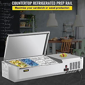 VEVOR Refrigerated Condiment Prep Station, 48-Inch, 10.8Qt Sandwich/Salad Prep Table with 2 1/3 Pans & 4 1/6 Pans, 150W Salad Bar with 304 Stainless Body and Cover Temp Adjuster One-Click Defrosting