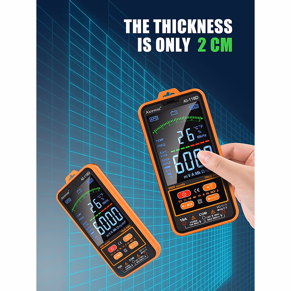 Aicevoos AS-118D Smart Digital Multimeter Auto-Ranging Voltmeter Electrical Tester Measures Voltage Current Capacitance Resistance Continuity Duty-Cycle Temperature Frequency