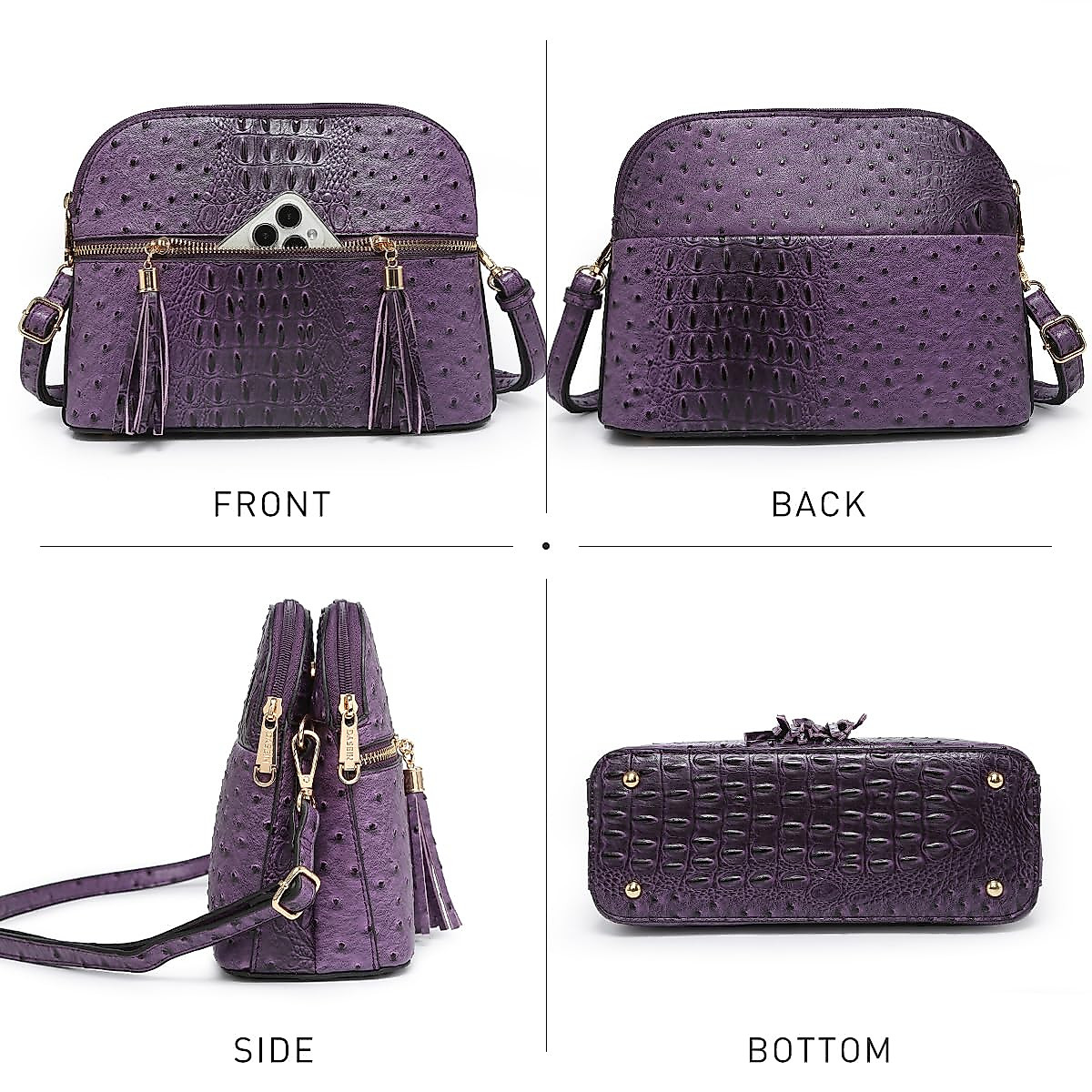 Dasein Women Tassel Zipper Pocket Crossbody Bag Shoulder Purse Fashion Travel Bag with Multi Pockets(Ostrich Purple)