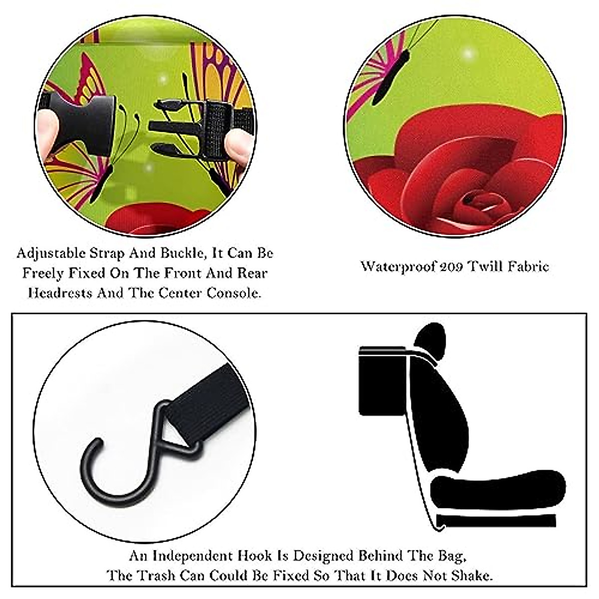 RODAILYCAY Trash Bag for Car, Foldable Vehicle Garbage Container Can with Lid Storage Bag, Red Rosy Flower Flying Blutterflies Kissing Leak-Proof Truck Trash Dustbin