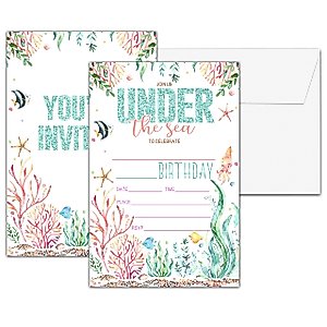 Chuxvon Birthday Party Invitations, Under The Sea Birthday Invitations, Double-Sided Watercolor Ocean Animals Themed Fill In Invites, Ocean Birthday Party Decorations, 20 Cards With 20 Envelopes(B04)