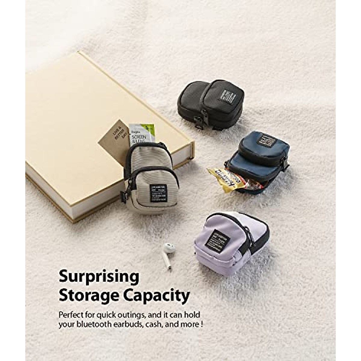 Ringke Mini Pouch [Two Pocket] Nylon Carrying Pouch Small Bag for AirPods, Galaxy Buds, Earphones, Cards, ID - Black