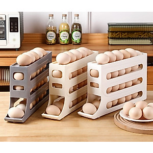 30 Eggs Egg Holder for Fridge,4 Tiers Egg Holder for Fridge,Auto Rolling Fridge Egg Organizer for Refrigerator,Space-Saving Egg Dispenser Holder,Fridge Egg Rack, Egg Storage Rack for Kitchen(White)