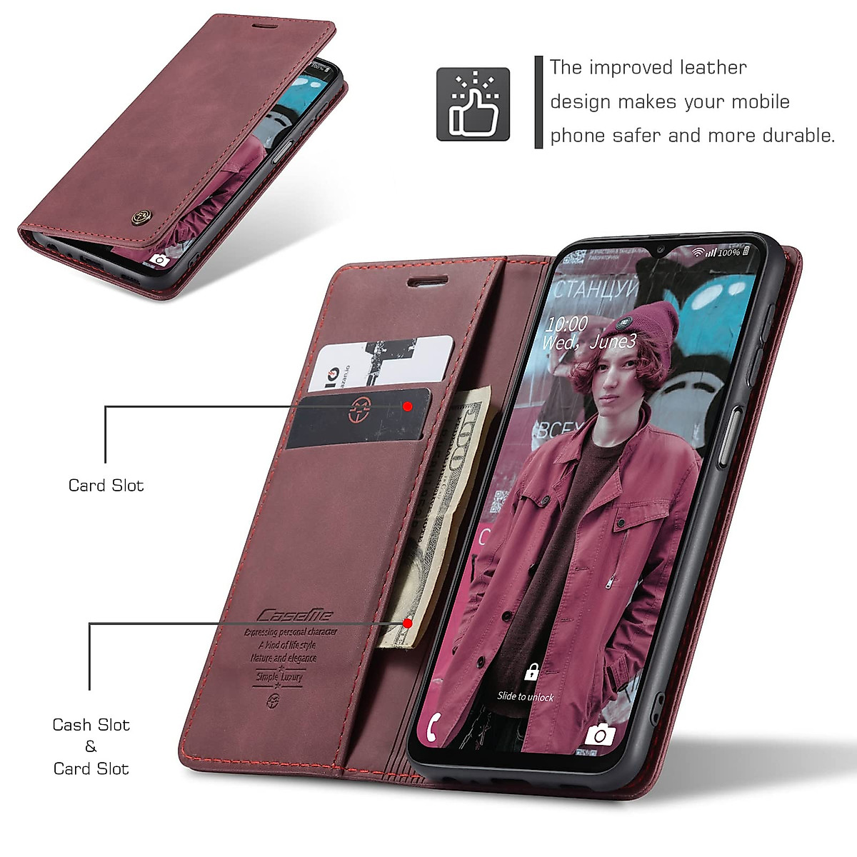 FCOZCKLOM Compatible with Samsung Galaxy A23 Wallet Phone Case with Card Holder Kickstand Protective Flip Folio Leather Case Wallet for Samsung Galaxy A23 6.6 inch (Wine Red)
