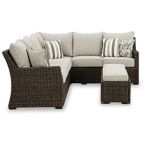 Signature Design by Ashley Brook Ranch Casual Weather Resistant Right Hand Facing Outdoor Sofa Sectional/Bench with Cushion and 6 Throw Pillows, Set of 3, Beige & Dark Brown