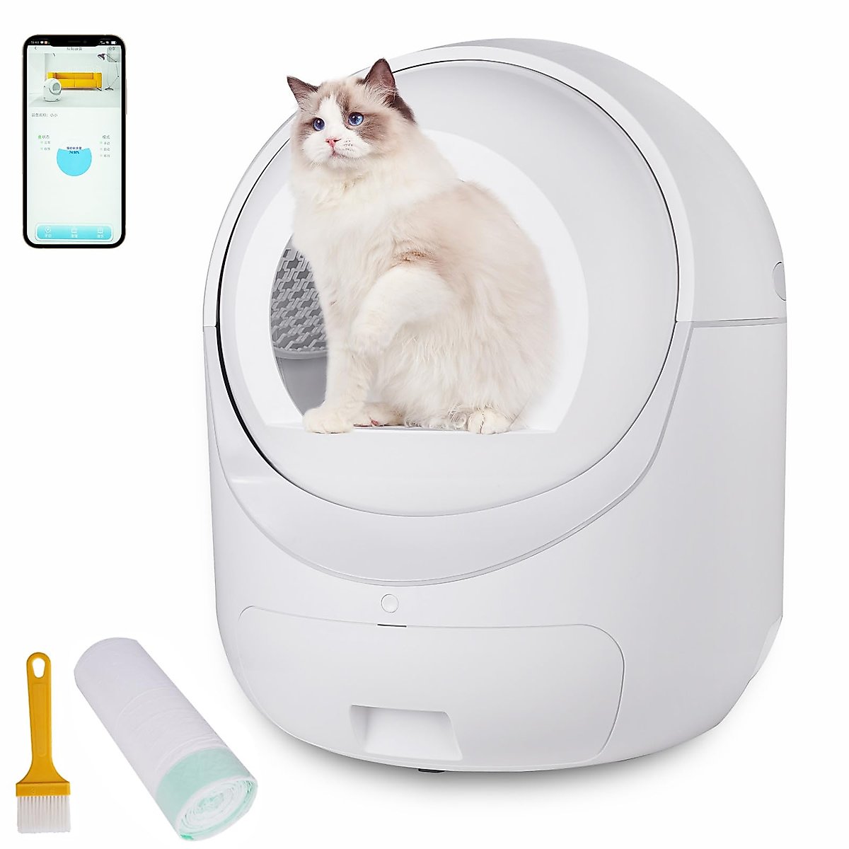 Self-Cleaning Cat Litter Box, Large Automatic Cat Litter Box for Multiple Cats, Cat Robot Litter Box with Cover, APP Control Smart Cat Litter Box with Garbage Bags/Brush, Smart Health Monitor