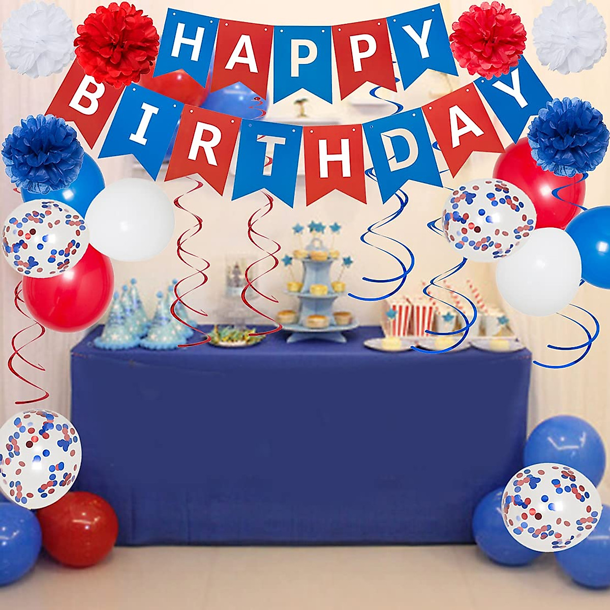 Blue White and Red Birthday Decorations, Patriotic Party Supplies Kit for Men Women Boys Grils, Happy Birthday Banner Paper Pompoms Red Blue Confetti Balloons Star Streamer for 4th of July Baseball