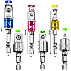 7 Pieces Power Drill Sockets Adapter Set, 3 Pieces 1/4 3/8 1/2 Inch Hex Shank Socket Adapter 3 Pieces 360 Degree Rotatable Impact Extension 1 Piece 105 Degree Right Angle Screwdriver Drill Bit