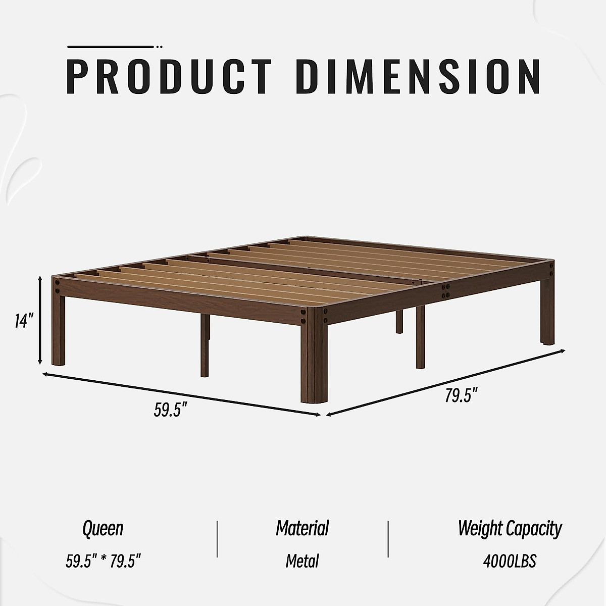 COMASACH 14 Inch Queen Bed Frame with Round-Corner Leg, No Box Spring Needed, Heavy Duty Walnut Pattern Metal Platform Bed-Frame, Noise Free Mattress-Foundation Support to 4000 Lbs, Black